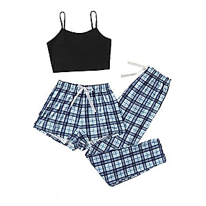 Milumia Women's 3 Pieces Pajamas Cami Top and Plaid Shorts & Pants Pj Sets Sleepwear