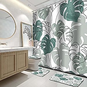 KINUUIS 4PC Summer Bathroom Shower Curtain Sets Abstract Modern Bathroom Sets,Watercolor Bathroom Sets with Rugs and Accessories,Line Art Shower Curtain for Bathroom Decoration