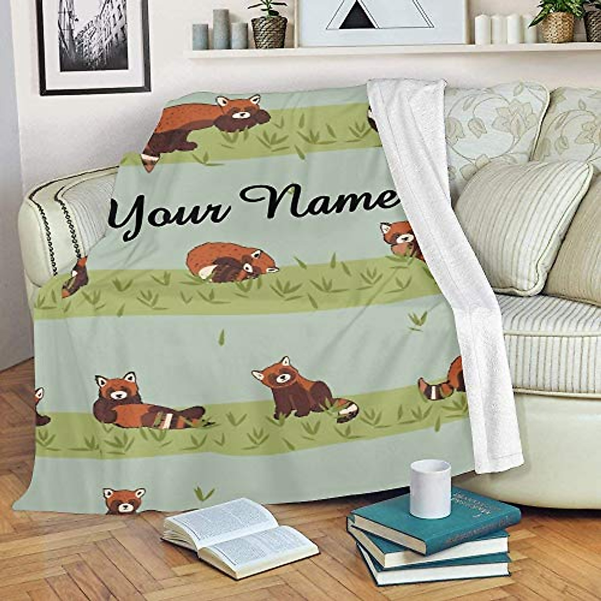 CUXWEOT Custom Blanket with Name Text,Personalized Cute Red Panda Super Soft Fleece Throw Blanket for Couch Sofa Bed (50 X 60 inches)