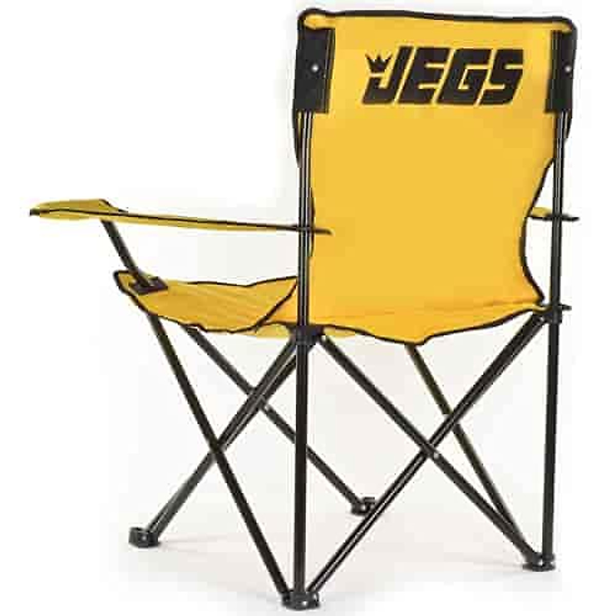 JEGS Folding Chair | Yellow Canvas with Black Logo | Black Powder Coated Frame | Capacity 250 LBS | Total Height 36” | Includes Mesh Cup Holder and Storage Bag with Strap