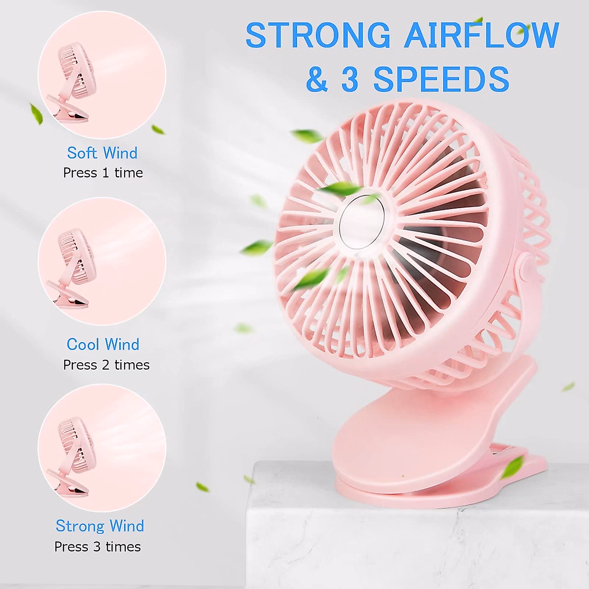 AOGELI Clip Fan,Mini Portable Fan with clip, Clip on Fan for Bed,3 Speeds Personal Fan,5000 mAh Rechargeable Battery Operated Fan, 360°Rotate Desk Fan for Home Office Travel Stroller Camping Pink