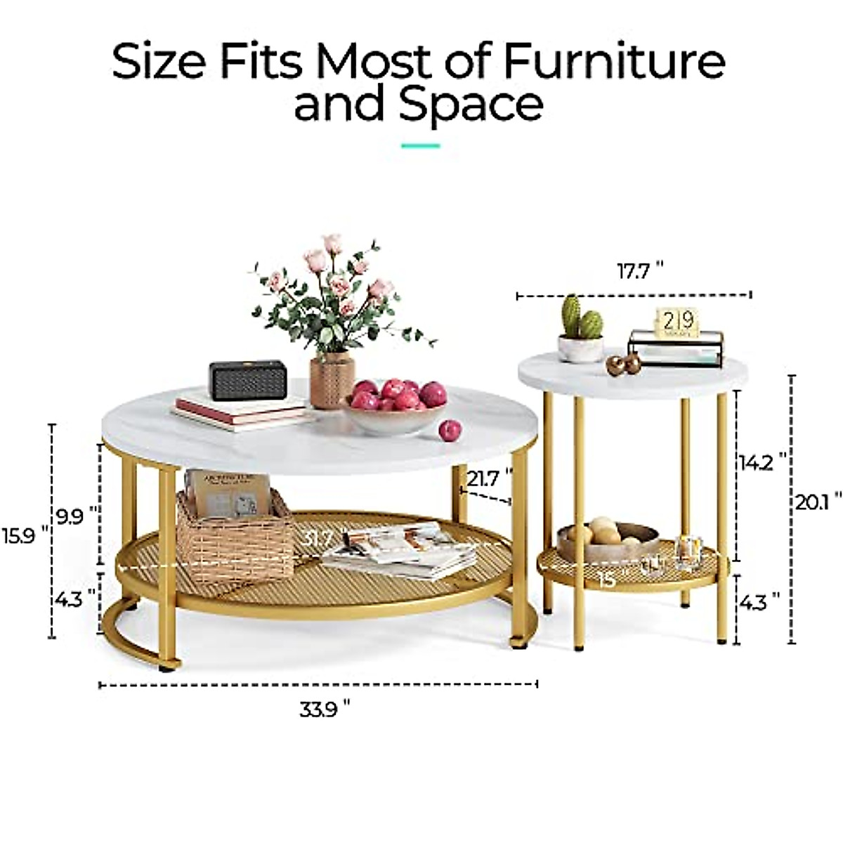 LINSY Home Round Coffee Table Set of 3 for Living Room, Modern Coffee Table with Open Storage, Wood Surface Top & Sturdy Metal Legs Large Circle Coffee Table, White and Gold