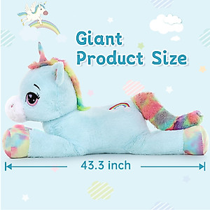 Muiteiur 43inch Large Unicorn Stuffed Animal, 5.4lbs Giant Unicorn Plush Hugging Pillow, Big Fat Blue Stuffed Unicorn Plush Toy Gift for Girls Boys