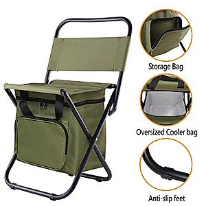 Kingmodern Portable Lightweight Camping Chair Outdoor Small Stool Folding Waterproof Oxford Fabric Backrest Chair Hold up 13 L Cooler Bags Suitable for Fishing,Hiking,Picnic,Travel BBQ(ArmyGreen)