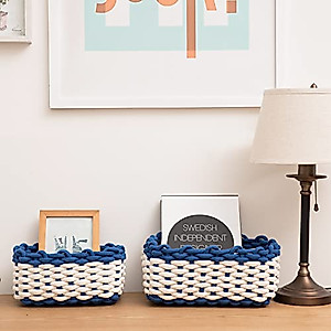 R RUNKA Small Rope Baskets for Clothes, Toys, Towels, Books - Set of 3,Decorative Baskets for Home Decor,Small Baskets for Gifts | Boho Baskets, Small Woven Basket for Nursery (Blue & Off White)