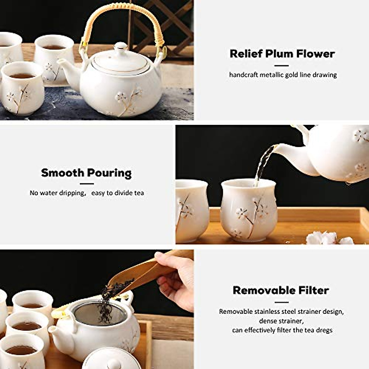 Dujust Japanese White Porcelain Tea Set with 1 Teapot Set, 6 Tea Cups, 1 Tea Tray, 1 Stainless Infuser, Cute Asian Tea Set for Tea Lover/Women/Men (Plum in Golden)