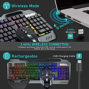 Wireless Gaming Keyboard and Mouse with Rainbow LED 16RGB Backlit Rechargeable 4800mAh Battery Metal Panel Mechanical Ergonomic Feel Waterproof Dustproof 7 Color Mute Mice for Laptop PC Gamer(Black)