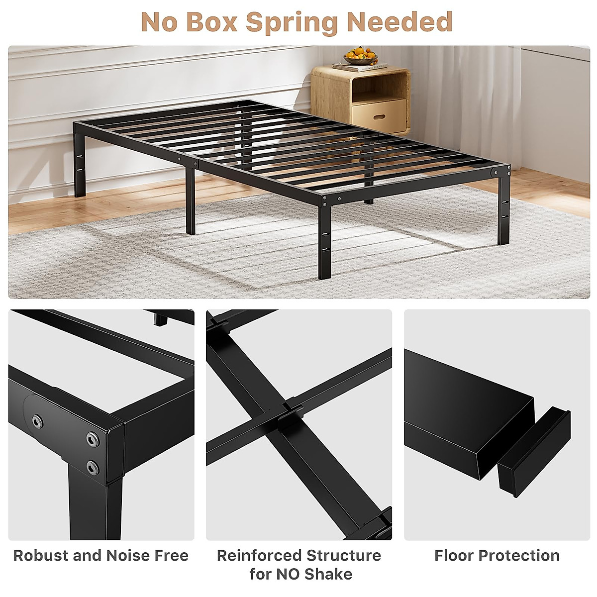 DUMOS Bed Frame - Twin Size Metal Platform Bed Frame Mattress Foundation with Steel Slat Support, No Box Spring Needed, Storage Space Under Frame, Easy Assembly, Black