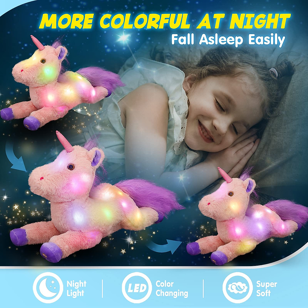 Houswbaby 19'' Light Up Unicorn LED Stuffed Animal Glow at Night Soft Plush Toy Birthday Gift for Kids Girls, Pink