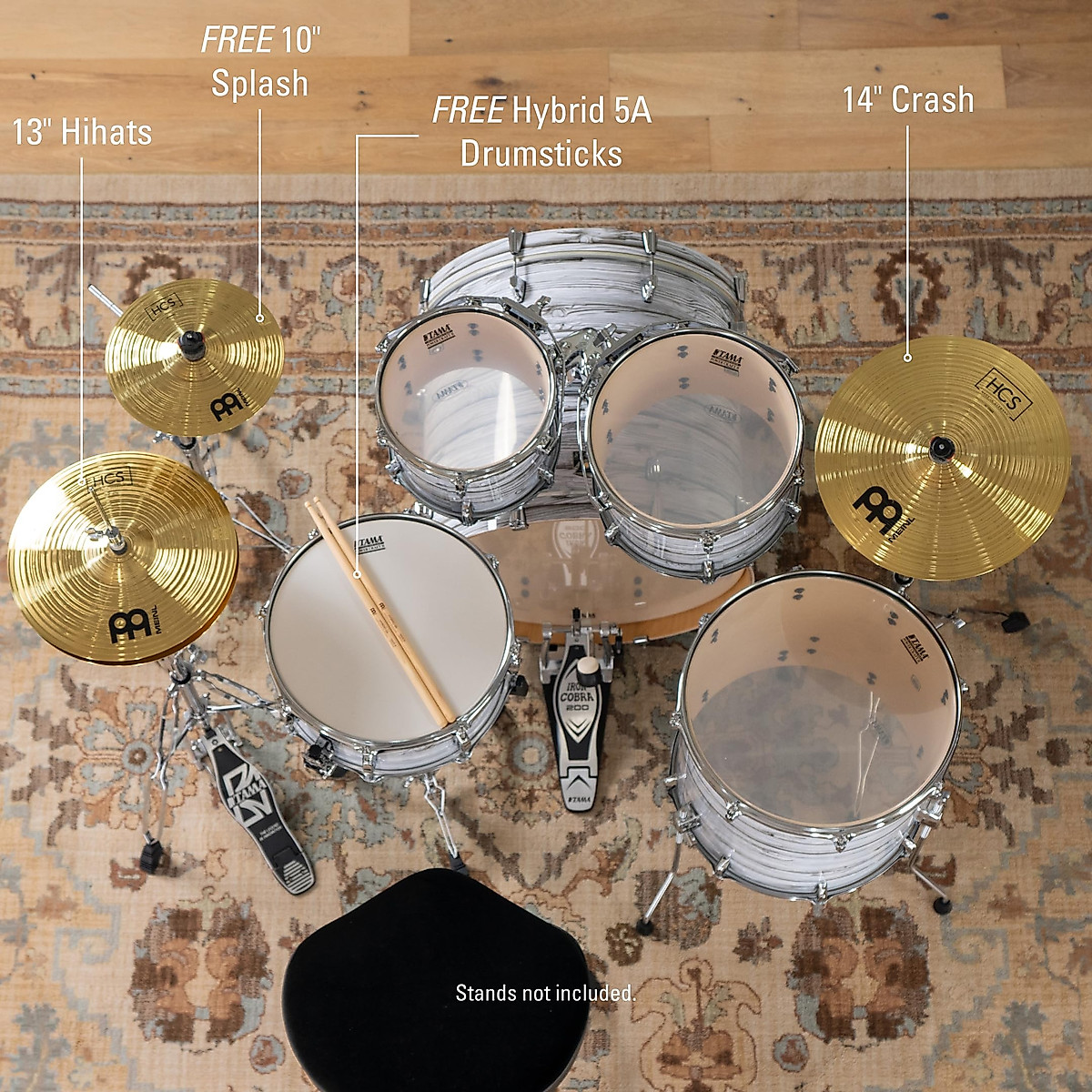 Meinl Cymbals HCS Cymbal Set Box Pack for Drums with 13" Hihats, 14" Crash, Plus Free 10" Splash, Sticks, Lessons — Made in Germany — Durable Brass, 2-Year Warranty, Traditional Finish (HCS1314