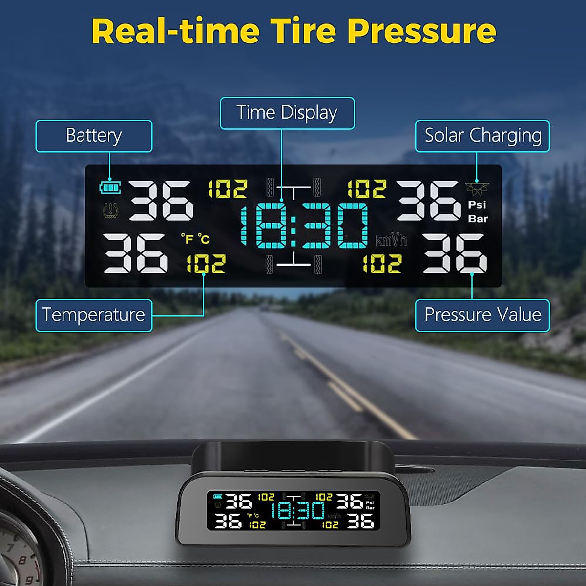 Tire Pressure Monitoring System TPMS, Solar TPMS Tire Pressure Monitor System Installed on Windowshield with 4 External Sensors 6 Alarm Modes Real-time Display Pressure Temperature & Time (0-51 PSI)
