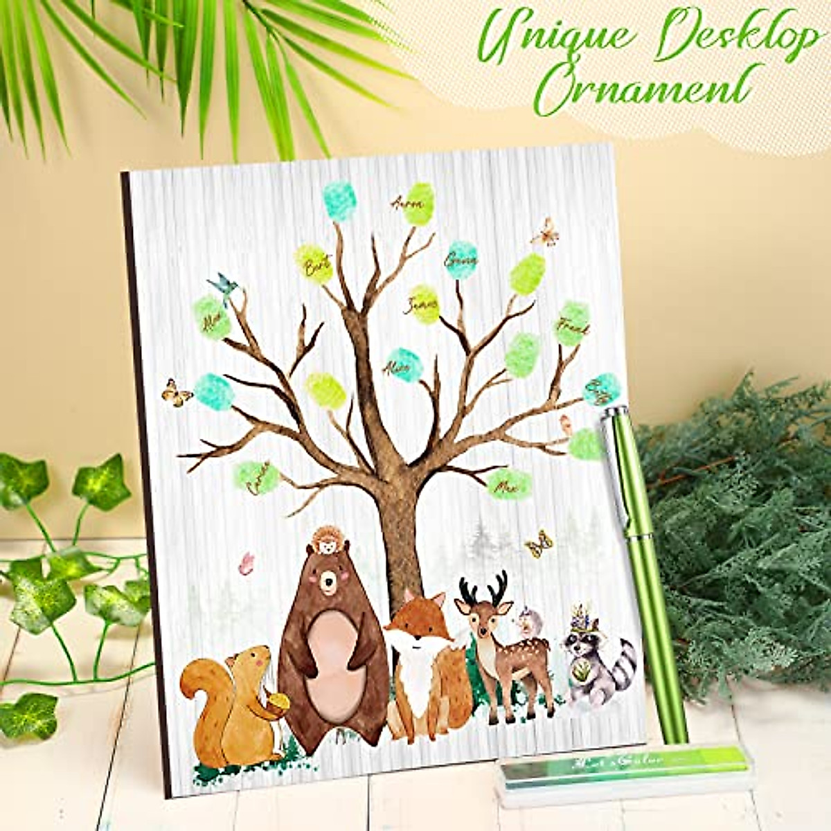 Woodland Fingerprints Tree Guest Book Baby Shower Guest Book with Ink Pad Wooden Plaque Alternative Guestbook with Ballpoint Pen Bears Sign in Guest Book Gift for Baby Shower Birthday Party Wedding