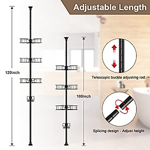 Shower Caddy Tension Pole - Stainless Steel Corner Shower Caddy Tension Pole - 4 Tier Adjustable Shelves Shower Organizer Tension Pole for Bathroom Bathtub Shampoo Soap Plants, 54 to 120 Inch