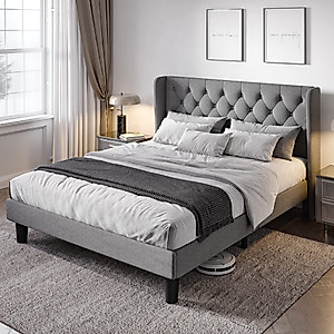 Allewie Full Size Bed Frame with Button Tufted Wingback Headboard, Modern Fabric Upholstered Platform Bed Frame with Strong Wood Slat Support, No Box Spring Needed, Easy Assembly, Light Grey