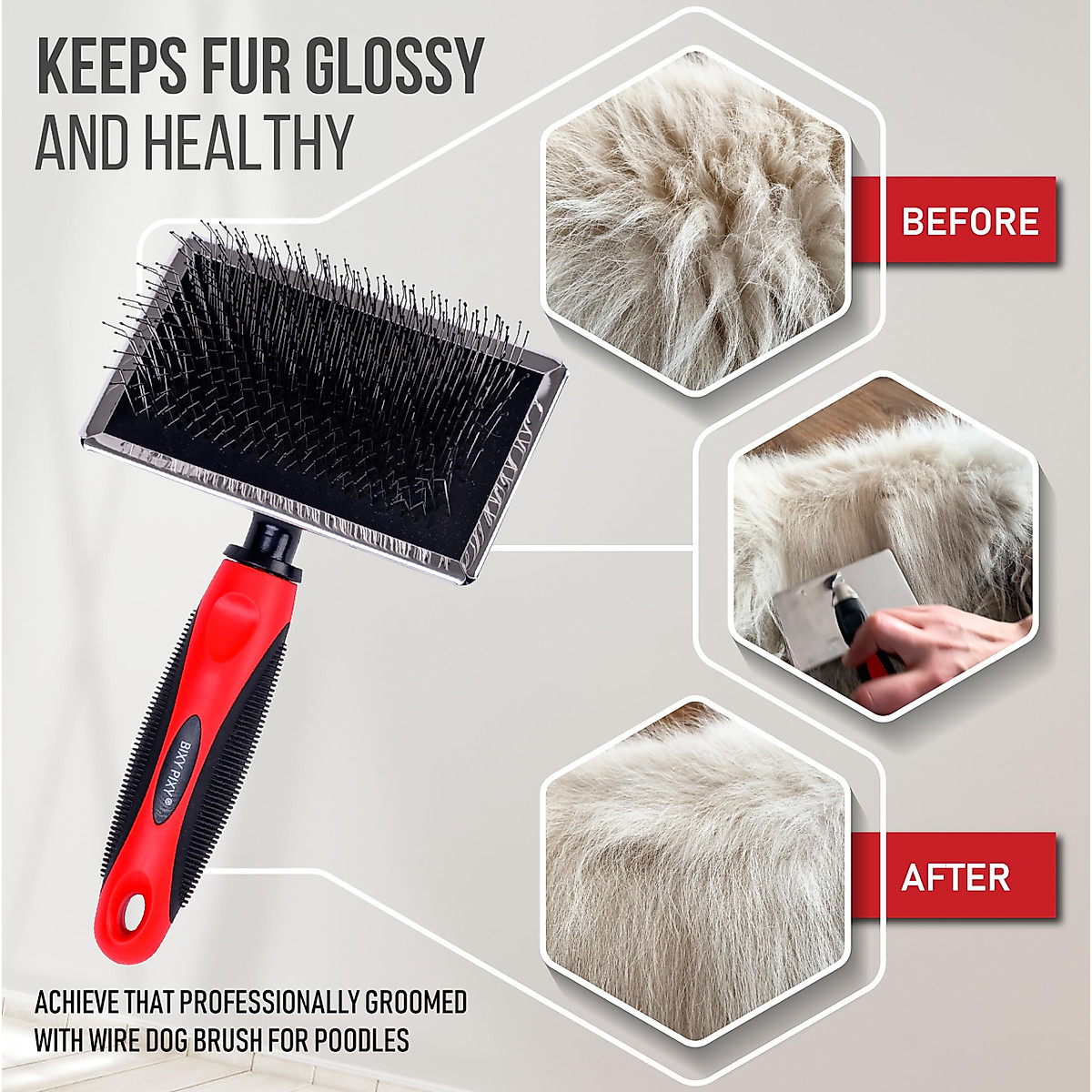 Bixy Pixy Slicker Brush for Dogs With Coated Tips - Extra Long Pins Removes Tangles - Doodle and Goldendoodle Brush Goes Deep Into Undercoat - Golden Retriever Brush for Shedding - Cepillo Para Perros