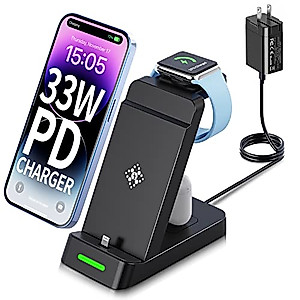Charging Station for Multiple Devices Apple - 33W PD Fast Charger for iPhone, TYCRALI 3 in 1 Charging Station for Apple Products Designed for iPhone Apple Watch and AirPods