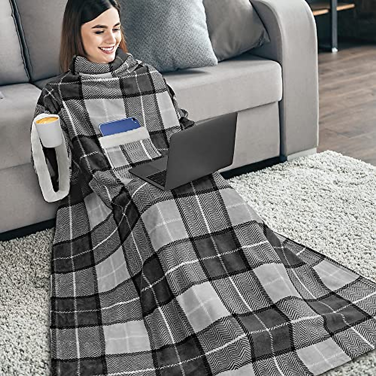 PAVILIA Deluxe Fleece Blanket with Sleeves for Women Men Adult, Wearable Blanket Warm Cozy, Super Soft Sleeved Throw with Arms Pocket, Gift for Women Mom Wife (Plaid Charcoal)