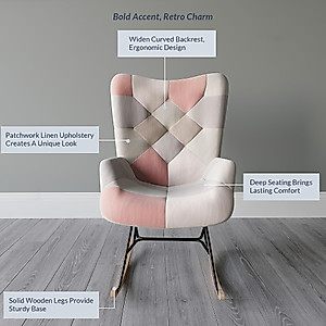 BELLEZE Colorful Patchwork Rocking Chair, Widen Nursery Rocking Chairs Comfy Linen Upholstered Glider Rocker with Solid Wood Legs for Living Room Bedroom Nursery - Paramount (Patchwork B)