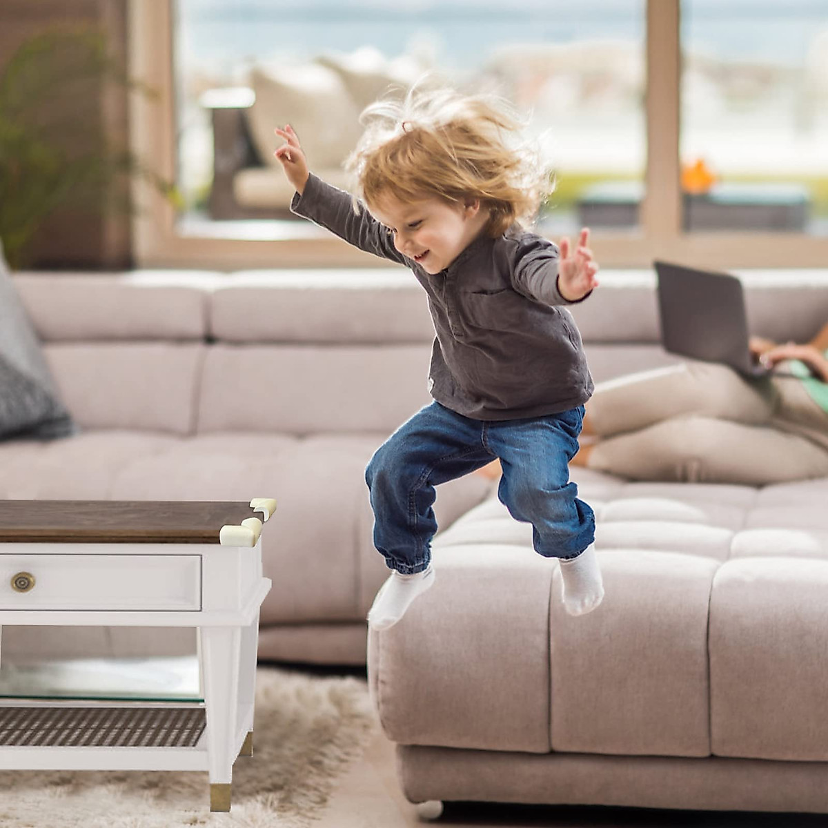 12 Pack Soft Corner Protector Baby Proofing Edge and Corner Guards, Safety Pre-Taped Rubber Foam Furniture Bumper for Fireplace, Table, Stair, Cabinet (Off White)