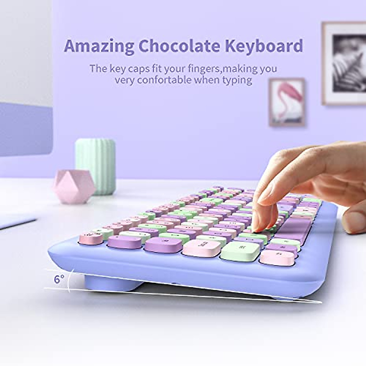 Wireless Keyboard and Mouse Combo, 2.4GHz Full-Sized Colorful Cute Keyboard Mouse Set with Retro Typewriter Flexible Round Keys for Windows, Computer, Laptops, PC Purple Colorful