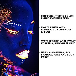 ANYI 8 Colors UV Glow Neon Eyeliner Set, Matte Colorful Eyeliner Pen, Neon Makeup Face Paint, Rainbow Graphic Eyeliner UV Glow in the Dark for Halloween Costume Holiday Birthday Masquerades