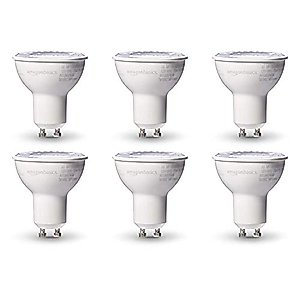 Amazon Basics MR16 LED Light Bulb, 50 Watt Equivalent, Energy Efficient 7W, GU10 Base, Warm White 3000K, Dimmable, 10,000 Hour Lifetime , 6-Pack