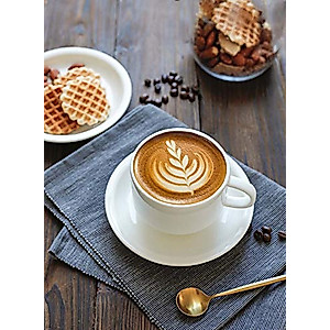 Sweese 406.401 Porcelain Stackable Cappuccino Cups with Saucers and Metal Stand - 8 Ounce for Specialty Coffee Drinks, Cappuccino, Latte, Americano and Tea - Set of 4, White