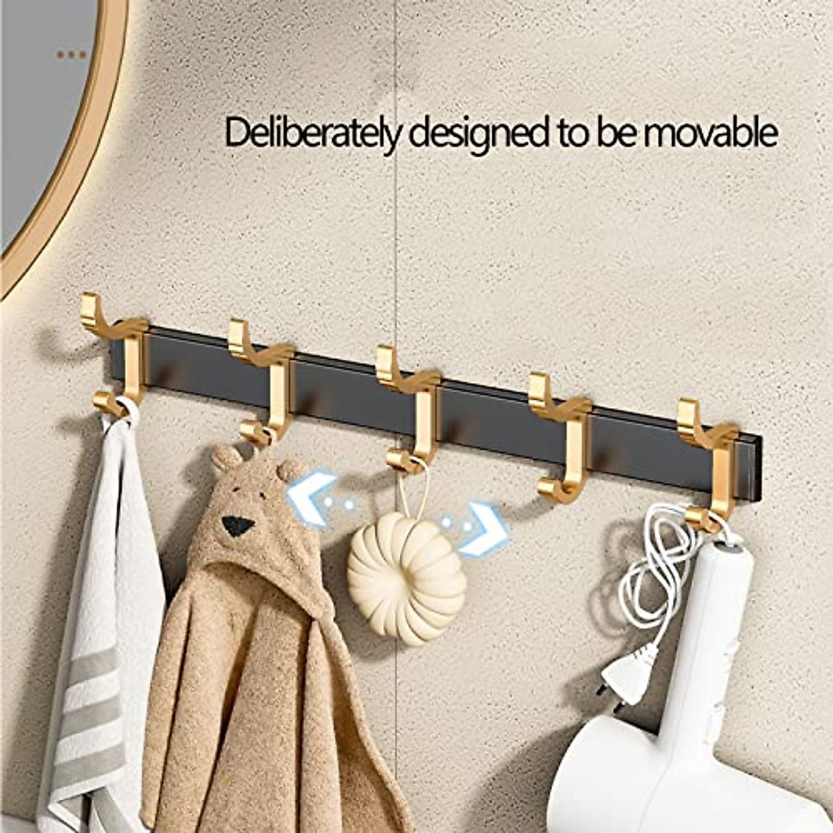 JIARY Coat Pegs Wall Mounted,Coat Hook with 5 Movable Hook for Coat Hat Towel Purse Robes Mudroom Bathroom Entryway,Black Gold,38 * 4.5cm