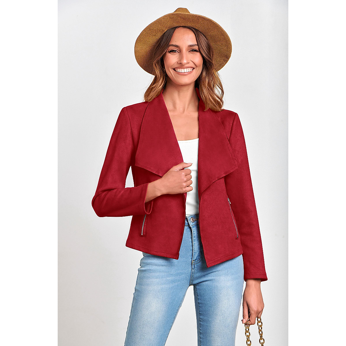 PRETTYGARDEN Women's Faux Suede Jackets 2025 Spring Fall Clothes Long Sleeve Open Front Cropped Coat Outwear (Red,Large)