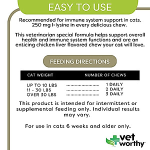Vet Worthy L-Lysine Soft Chews for Cats - Cat Supplement to Support the Immune System and Overall Health - Cat Vitamins with 250 mg L-Lysine per soft chew - Chicken Liver Flavor Soft Chews, 3.17oz