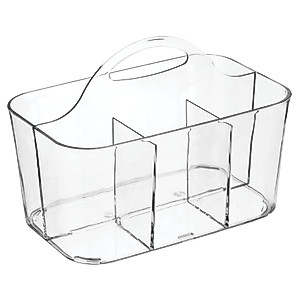 mDesign Plastic Makeup Storage Organizer Caddy Tote, Divided Basket Bin, Handle for Bathroom, Holds Eyeshadow Palettes, Nail Polish, Brushes, Shower Essentials, Small, Lumiere Collection - Clear