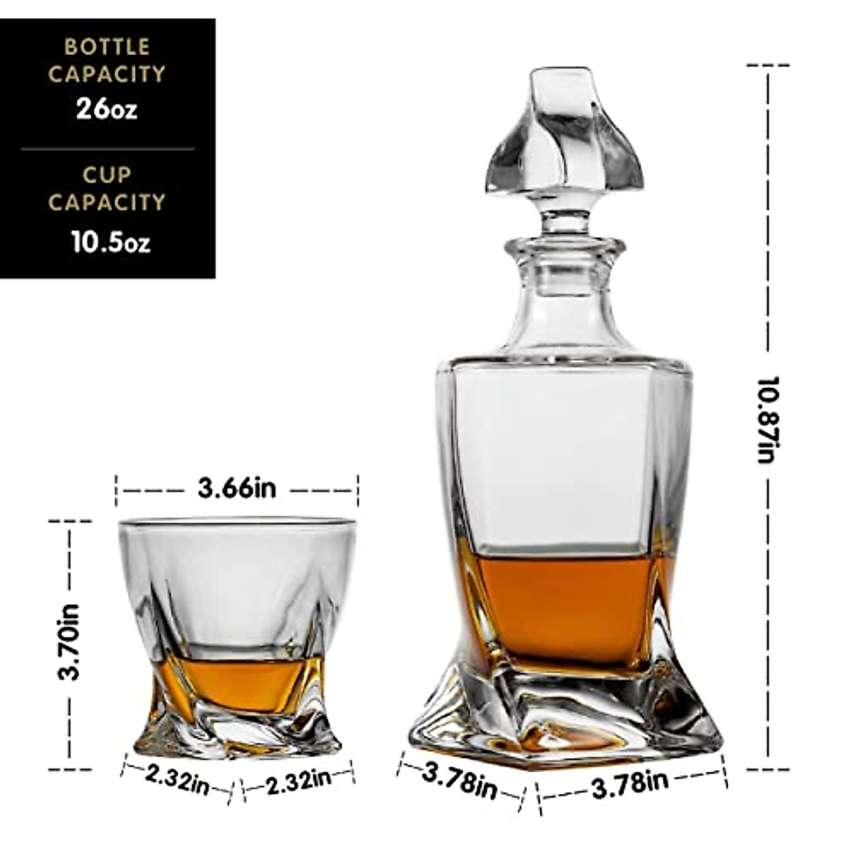 Whiskey Gifts for Men, Whiskey Decanter Set with 4 Glasses in Gift Box by Verolux | Elegant Twisted Design with Glass Stopper - Liquor, Bourbon, Brandy, Gin, Rum, Tequila, Vodka, Cognac