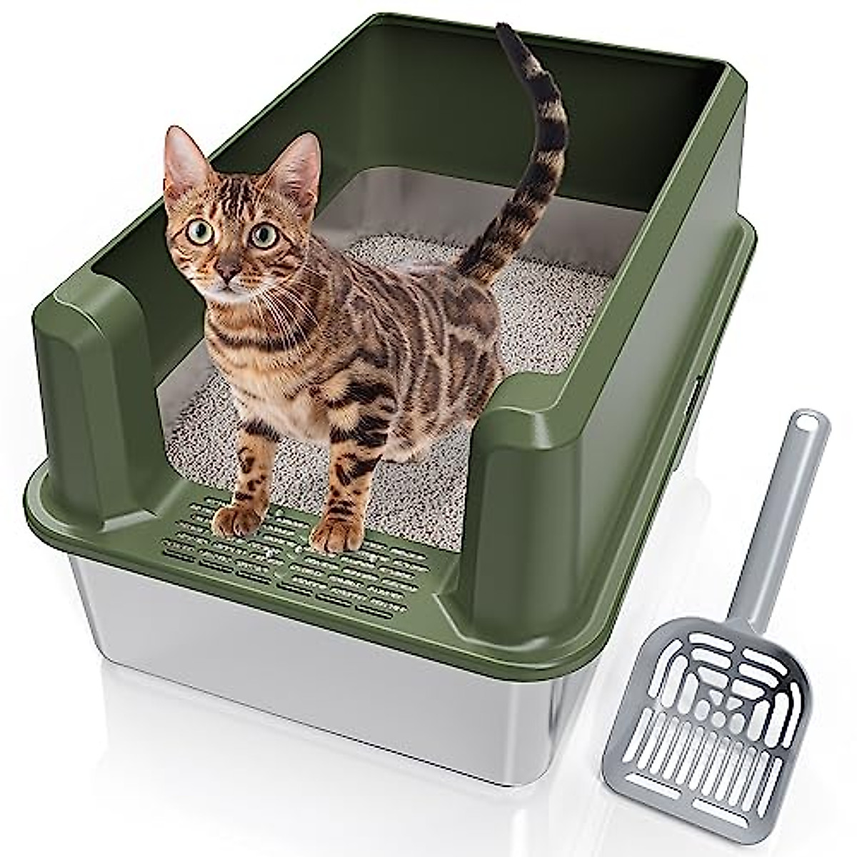 Stainless Steel High Side Cat Litter Box, Enclosed Large Litter Box for XL Big Cats, Easy Clean Metal Kitty Litterbox with Scoop