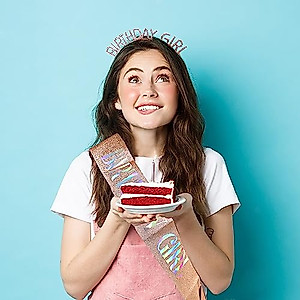 PAPARELA Birthday Crown Rose Gold Birthday Sash Rhinestone Tiara Set for Girl Headband Princess Crowns for Birthday Party Pageant Gifts for Women