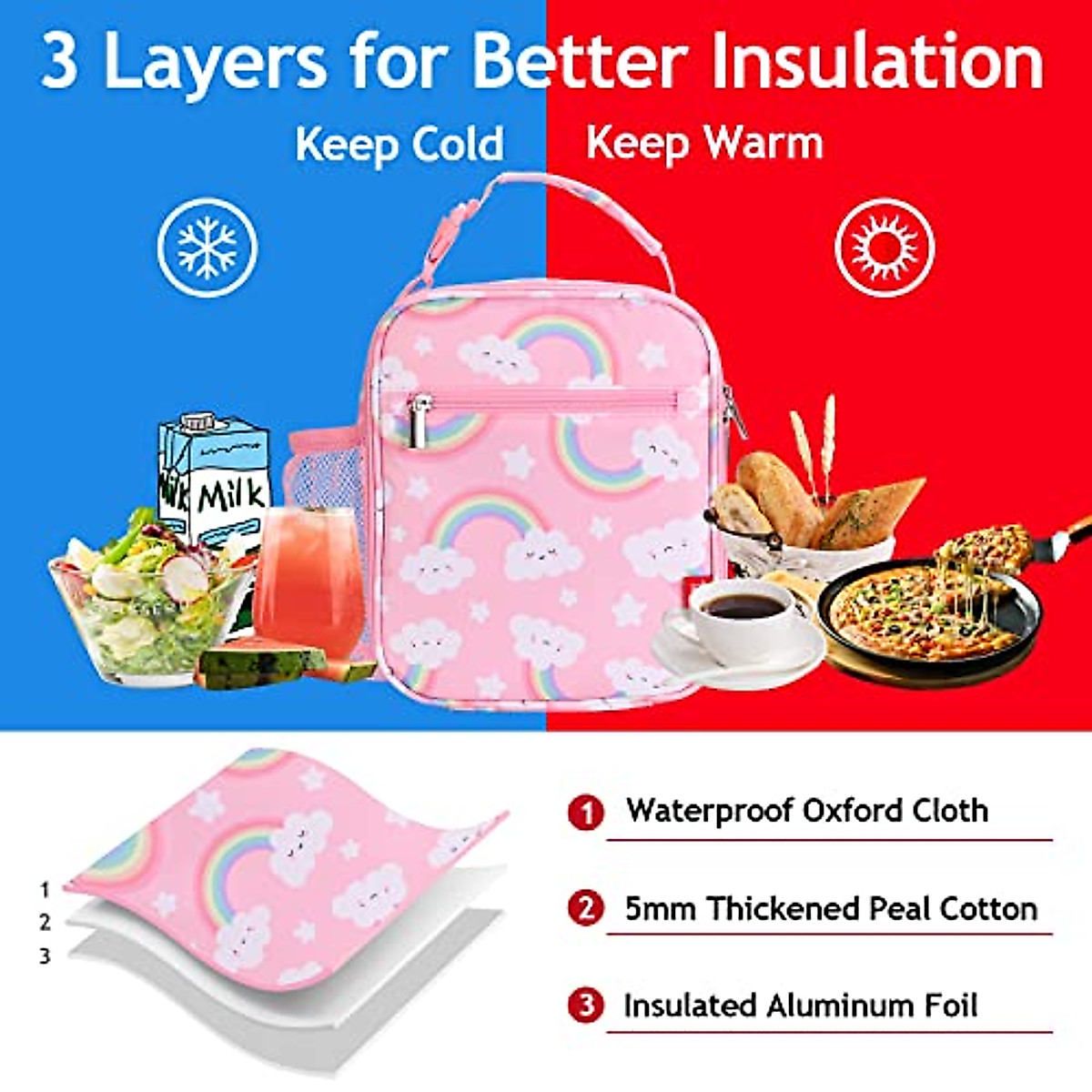 yookee home Lunch Box for Kids Lunch Boxes Insulated Lunch Containers Lunchboxes Kids Lunch Bag for Girls Lunch Box for School Thermal Meal Small Lunch Tote Toddler Lunch Box for Girls Pink Rainbow