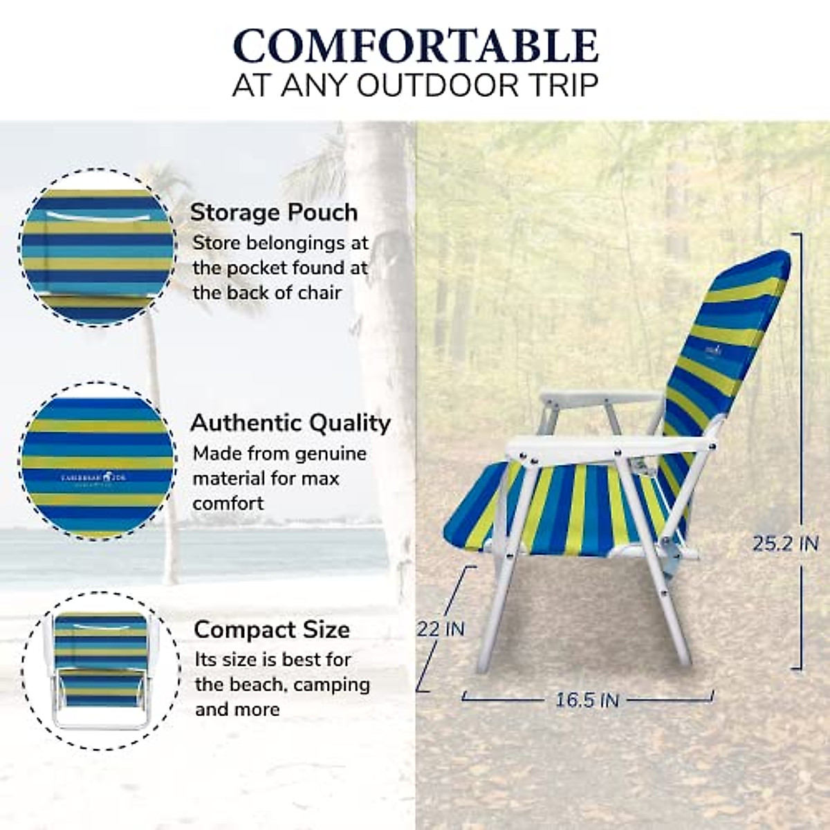 Caribbean Joe Folding Beach Chair, 1 Position Lightweight and Portable Foldable Outdoor Camping Chair with Carry Strap, Bold Stripe