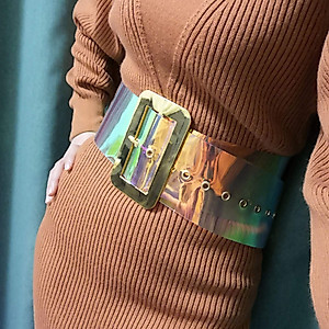 Towonder Women Fashion iridescent Clear Belt Transparent PVC chunk Waist Belt Waistband Cinch Dress Belt 3.5" wide