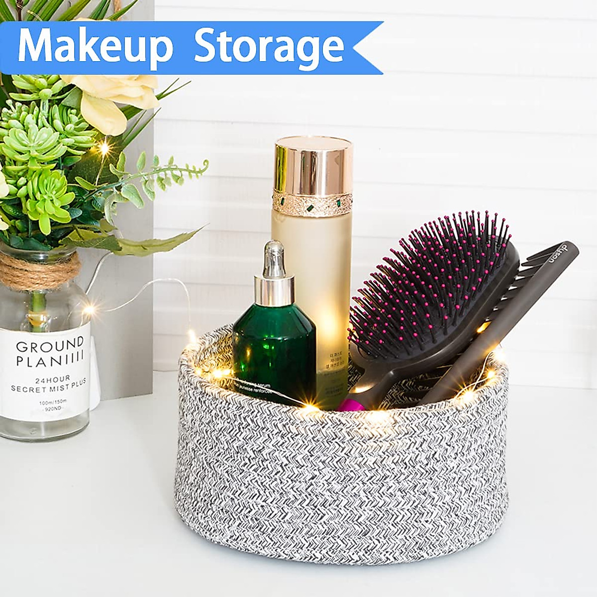Hispqser Small Woven Basket, Cotton Woven Grey Basket for Gifts Mini Storage Cute Baskets Tiny Decorative Boo Round Basket for Office Bathroom Bedroom Living Room Montessori Toys 7.48*7.48*3.54inch