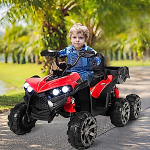 Costzon Kids ATV, 12V Battery Powered 6 Wheels Electric Vehicle w/ 4WD, Back Trunk, LED Lights, Music, Story, USB, Backrest, Treaded Tires, Ride on Car Quad for Boys & Girls Gift, Ride on ATV (Red)