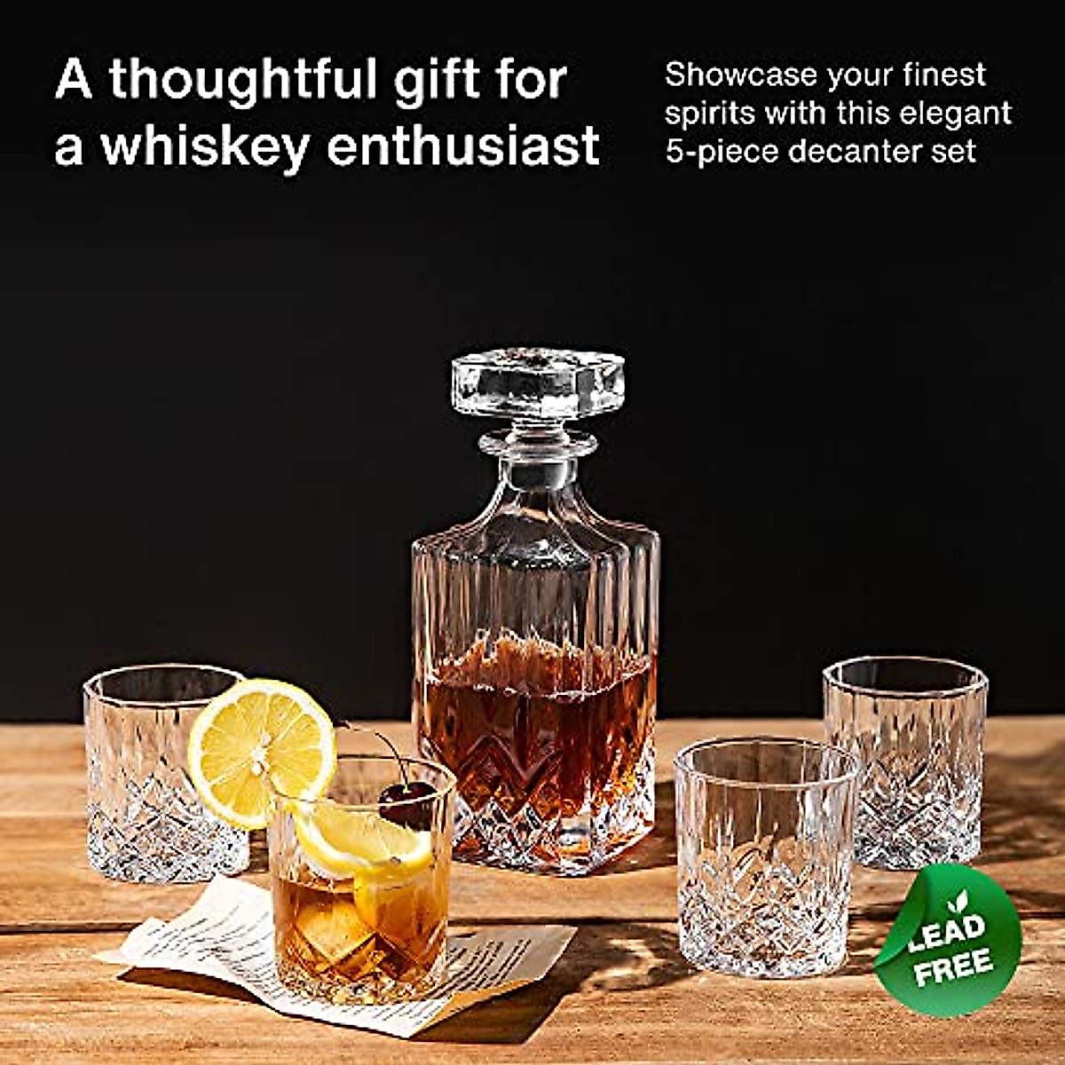 GoodGlassware Whiskey Decanter and Glasses (5 Piece Set) – Elegant Liquor Carafe with Ornate Solid Glass Stopper and 4 Matching Whisky Tumblers - Lead-Free and Dishwasher Safe Transparent