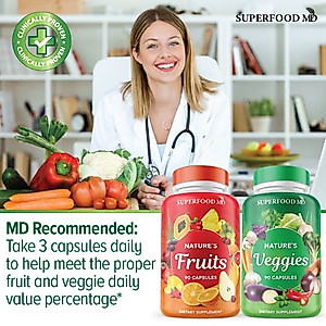 Superfood MD Fruits and Veggies Supplement - 90 Fruit and 90 Veggie Capsules -100% Whole Natural Superfood - Filled with Vitamins and Minerals - Supports Energy Levels - Made 90 Count (Pack of 2)