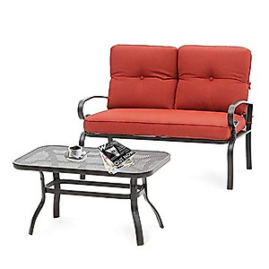 Oakmont Outdoor 2 Pcs Patio Loveseat Bench with Thick Cushions Coffee Table Metal Furniture Set Sofa, Wrought Iron Look(Red)