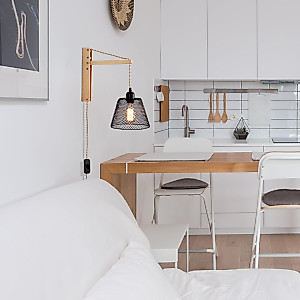 Modxian Farmhouse Plug in Wall Sconces Set of 2 Wood Wall Mounted Light with Plug in Cord Wall Lamp with Wire Cage Shade Rustic Adjustable for Bedroom Living Room Hallway Entrance E26