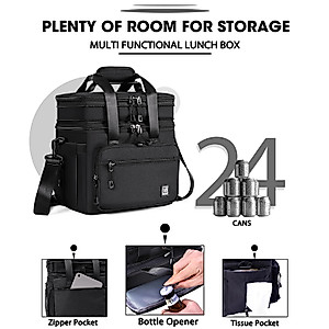 Double Deck Large Lunch Box for Women, Expandable Black Adult Lunch Box with Shoulder Strap, Leakproof Insulated Black Lunch Bag, 24 cans Adult Lunch Bag, Womens Lunch Bags for Work Travel Hiking