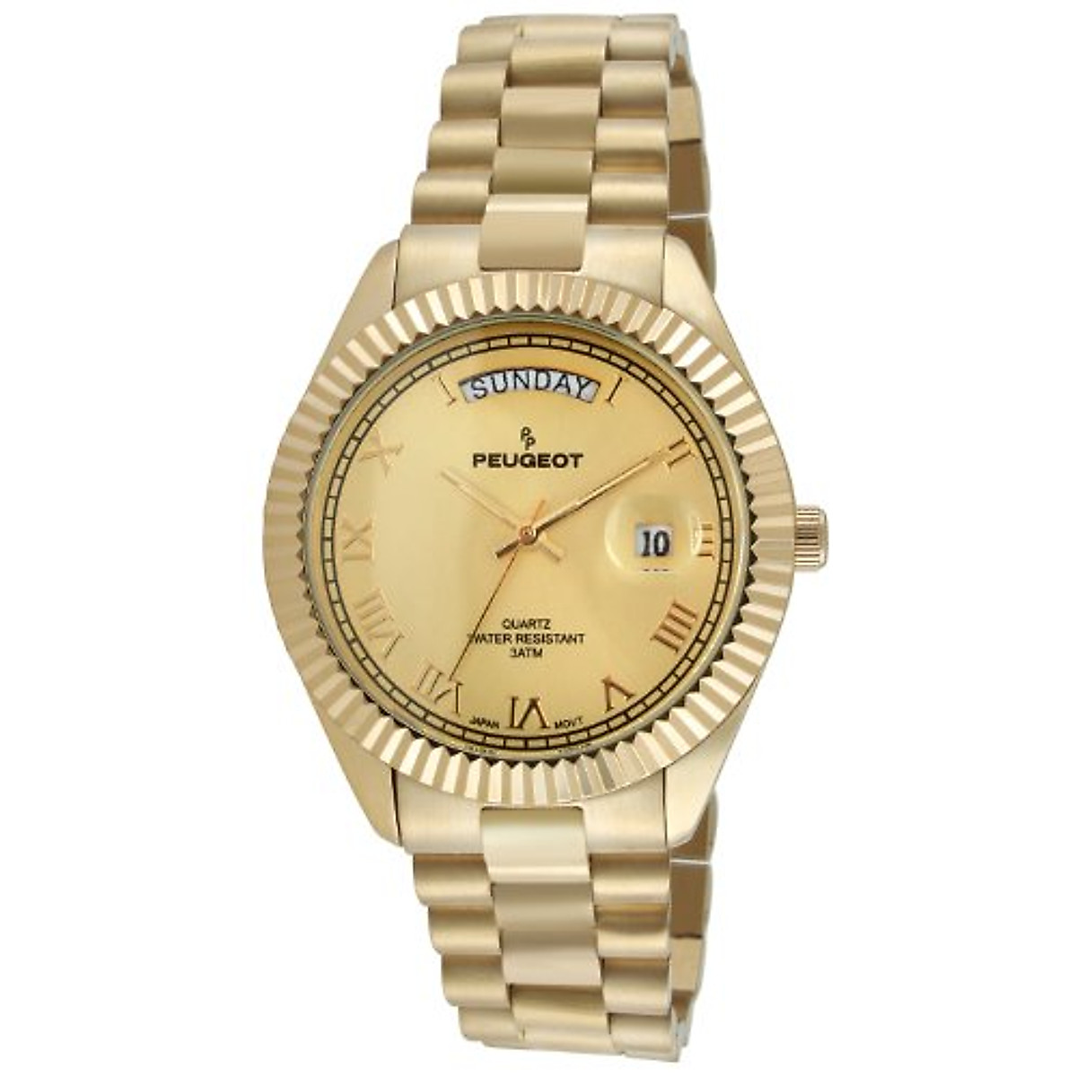 Peugeot 14K All Gold Plated Big Face Luxury Watch with Day Date Windows, Roman Numerals & Coin Edge Fluted Bezel Watch