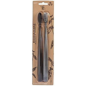 The Natural Family Co. Bio Toothbrush, Soft Nylon Bristles with Non GMO Cornstarch Handles, Plastic Free Packaging and Pirate Black and Monsoon Mist Twin Pack