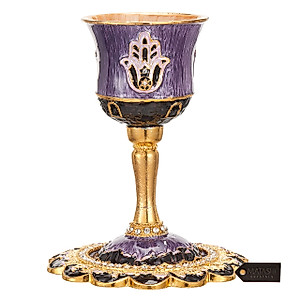 Matashi Hand-Painted Enamel Tall 5" Kiddush Cup Set with Stem and Tray Embellished with Crystals and Hamsa Design for Weddings Shabbat Havdalah Passover Goblet Judaica Gift Home Decor Blessings Cup