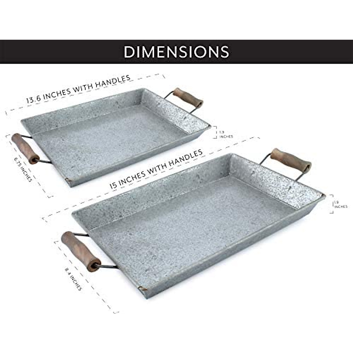 AuldHome Design Galvanized Farmhouse Trays (Set of 2, Small & Medium); Farmhouse Decor Rectangular Trays with Handles