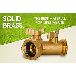 Morvat Heavy Duty Brass 2 way Y Splitter Garden Hose Hexagonal Connector with Comfortable Grip Shut Off Valves, Adapter for Water Tap, Outlet, & Spigot, Includes 2 Extra Rubber Washers & Teflon Tape
