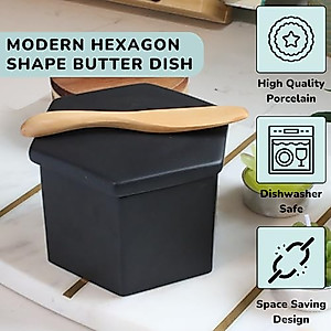 French Butter Crock w/ Lid & Wood Spreading Knife - Matte Black Butter Keeper - Modern Hexagon Shape Butter Keeper - Stoneware French Butter Keeper - Dishwasher, Oven & Microwave Safe Butter Storage